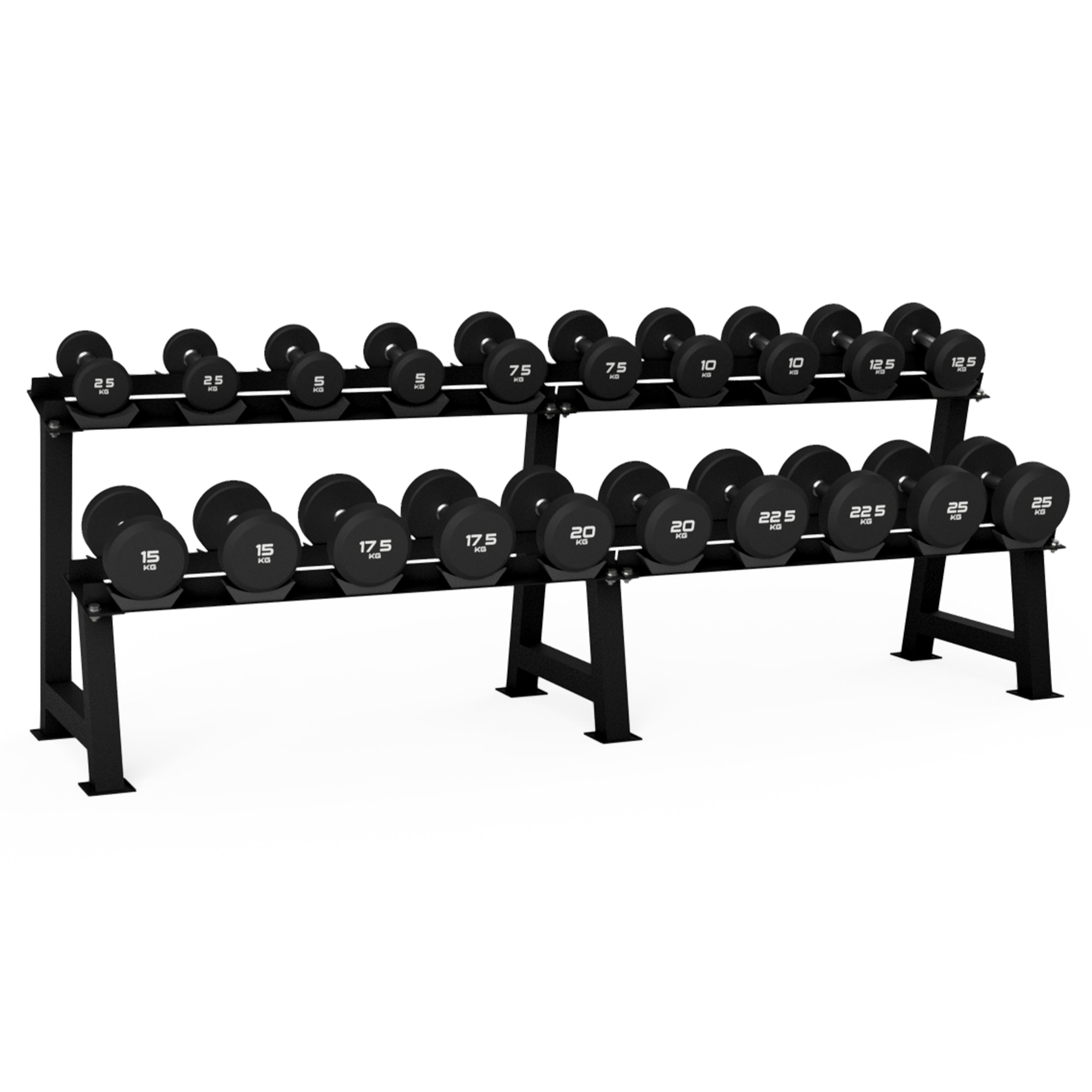 Urethane Round Dumbbells Set with 2 Tier Dumbbell Storage Racks – Rival ...